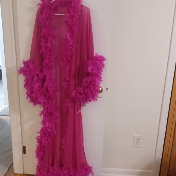 Intimates & Sleepwear | Fuchsia Feather Trimmed Sheer Robe | Poshmark